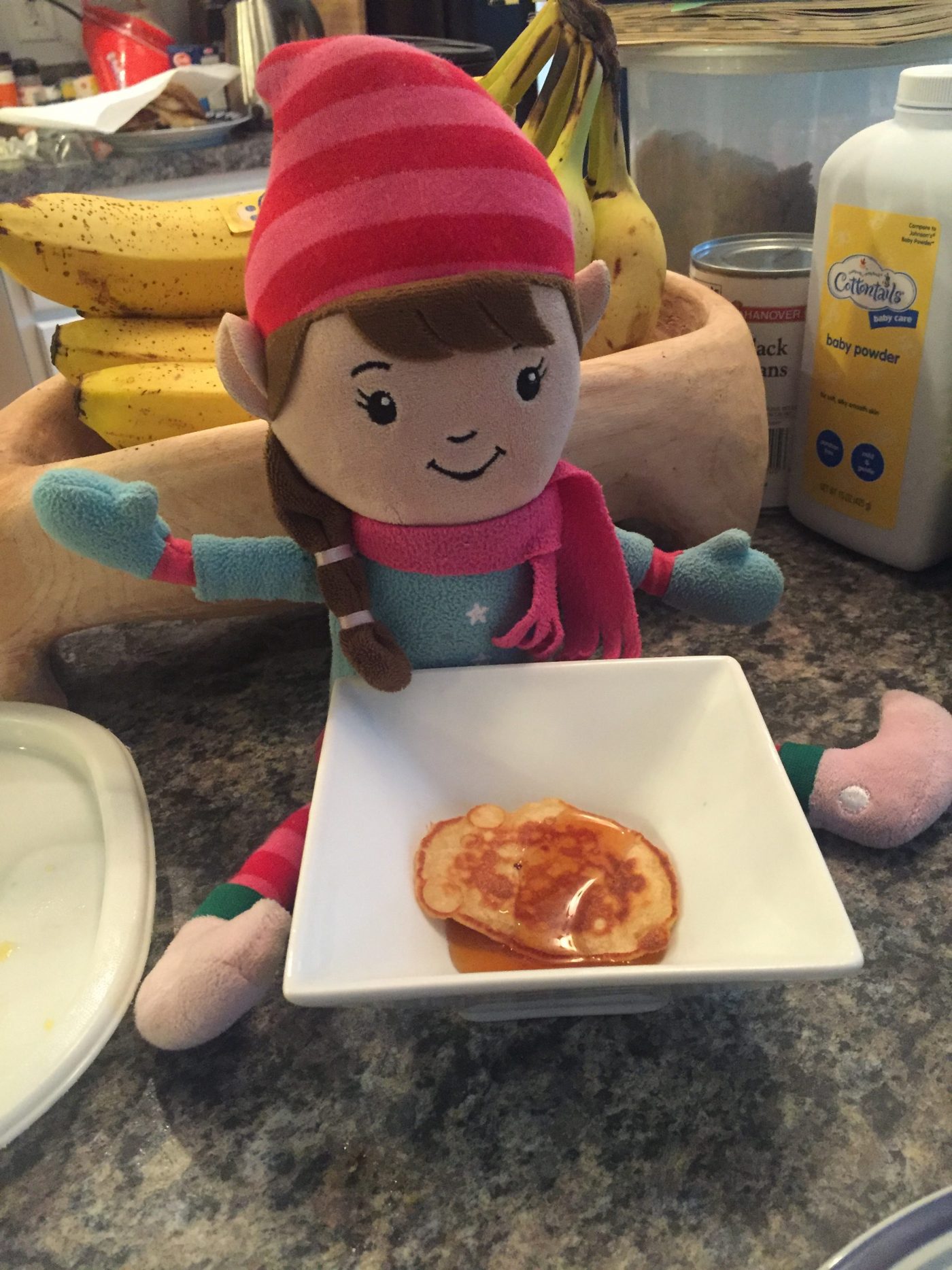 Clementine the Elf Eating Pancakes - A Cartoon Drawing