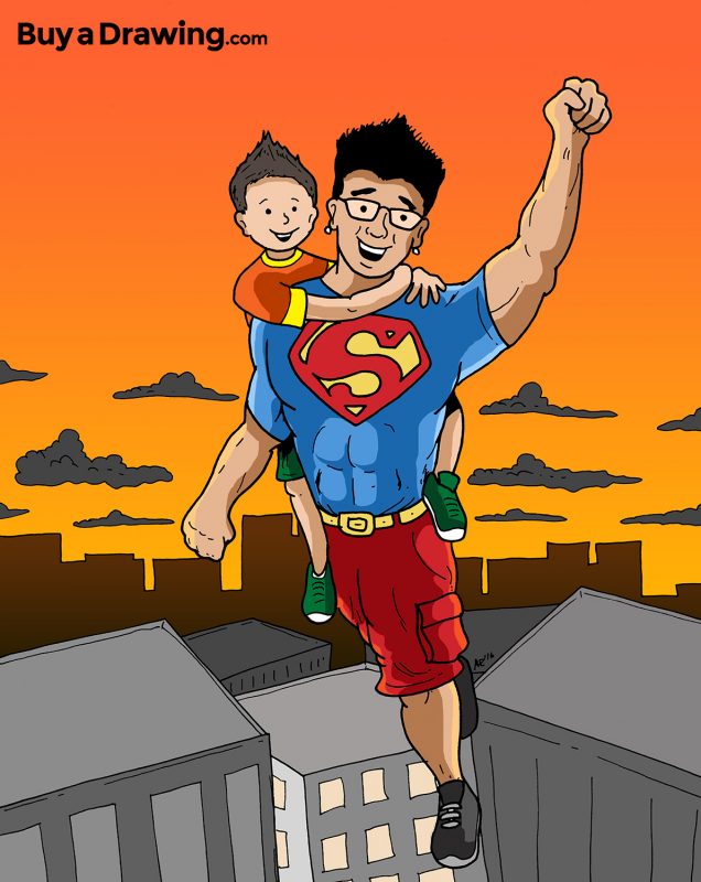 A Late Uncle Drawn as a Cartoon Superman with His Nephew