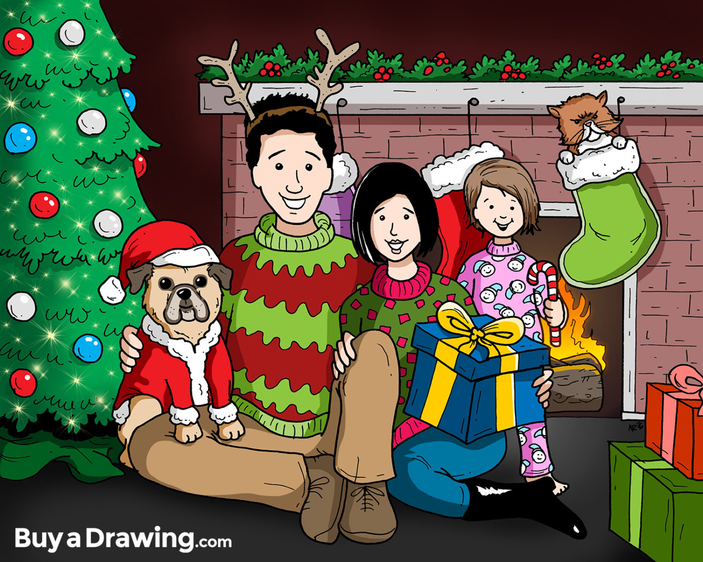 Custom Cartoon Christmas Card of a Christmas Sweater Family