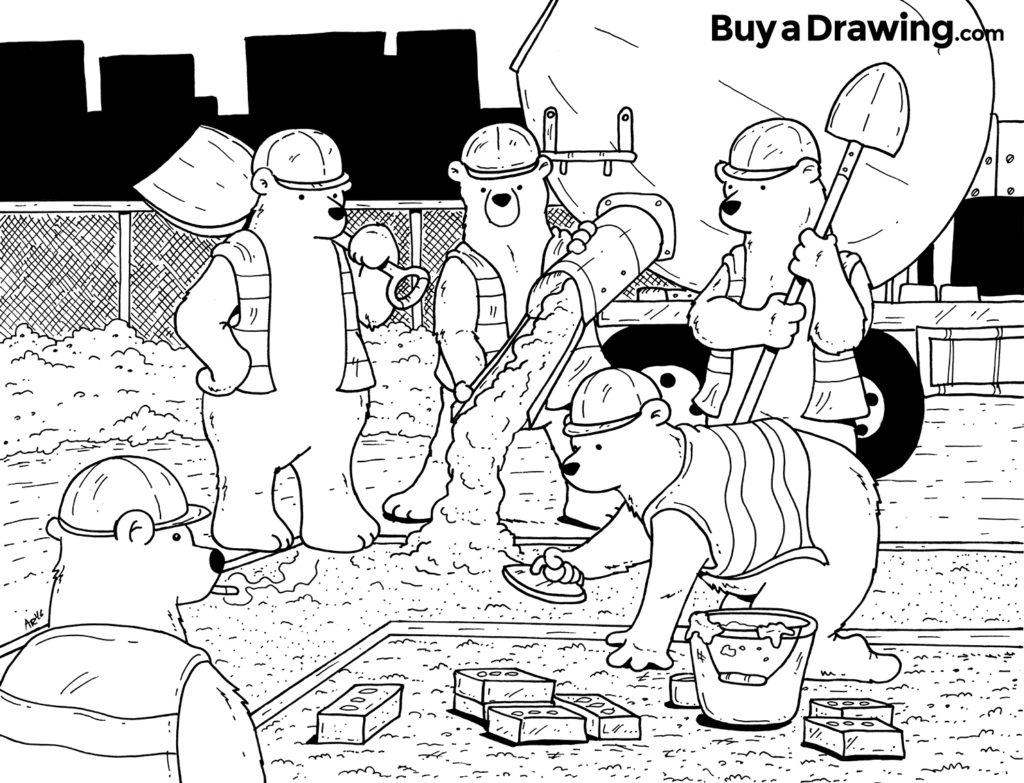Polar Bear Construction Crew Pouring Concrete Cartoon Drawing